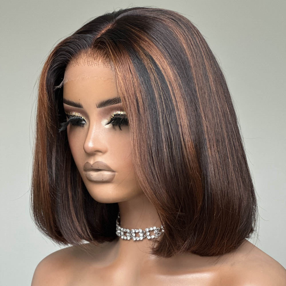Brown Highlight Straight Blunt Cut Bob 5x5 Lace Closure Wig – ZORA NEAL
